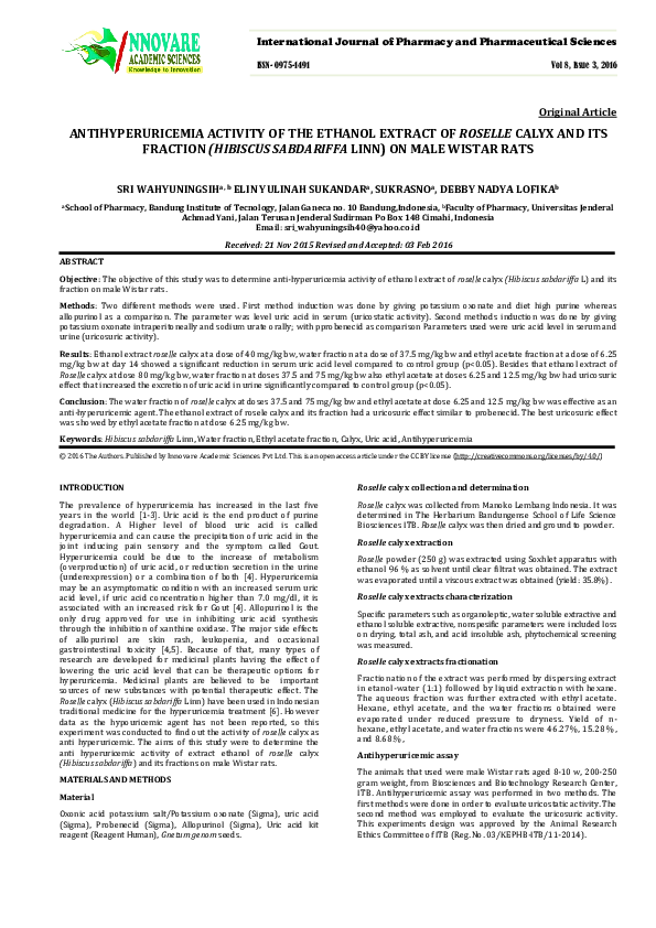 (PDF) ANTIHYPERURICEMIA ACTIVITY OF THE ETHANOL EXTRACT OF ROSELLE CALYX AND ITS FRACTION ...