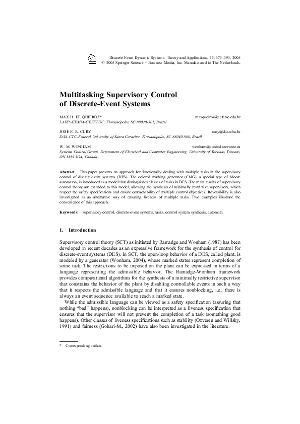(PDF) Multi-tasking supervisory control of discrete-event systems | Max Hering de Queiroz ...