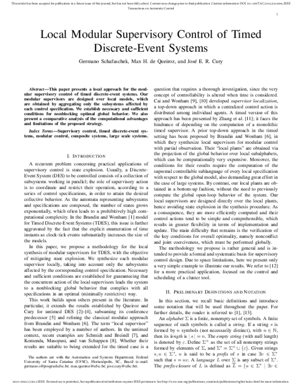 (PDF) Local Modular Supervisory Control of Timed Discrete-Event Systems