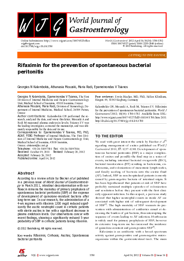 (PDF) Rifaximin for the prevention of spontaneous bacterial peritonitis ...