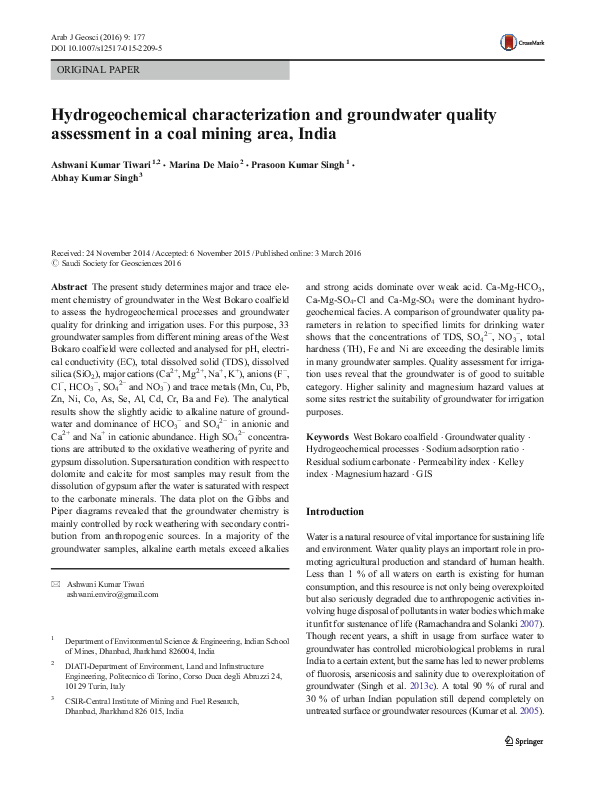 Pdf Hydrogeochemical Characterization And Groundwater Quality Assessment In A Coal Mining Area