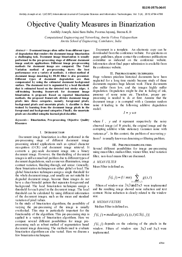 (PDF) Objective Quality Measures in Binarization