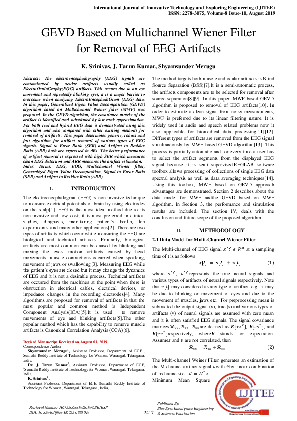 (PDF) GEVD Based on Multichannel Wiener Filter for Removal of EEG Artifacts (PDF) GEVD Based on Multichannel Wiener Filter for Removal of EEG Artifacts
