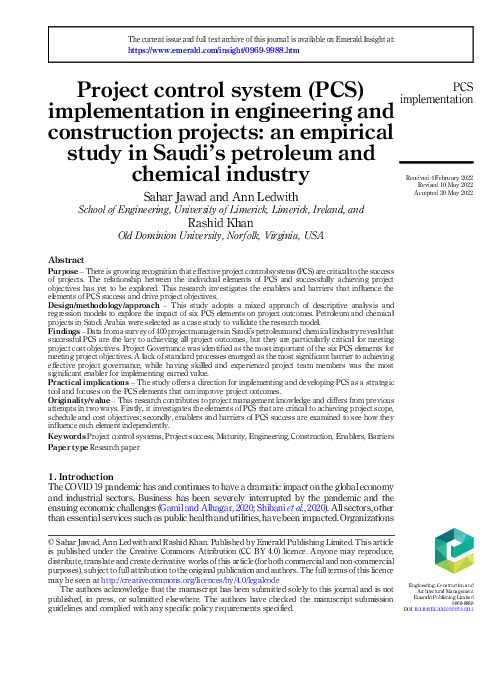(PDF) Project control system (PCS) implementation in engineering and construction projects: an ...