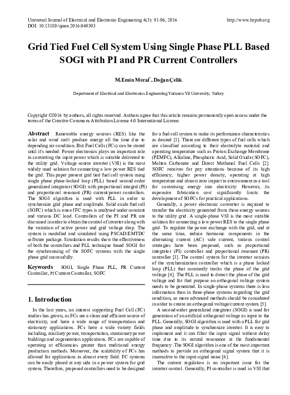 (PDF) Grid Tied Fuel Cell System Using Single Phase PLL Based SOGI with PI and PR Current ...