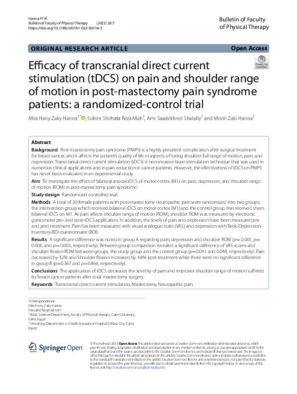 (PDF) Efficacy of transcranial direct current stimulation (tDCS) on pain and shoulder range of ...