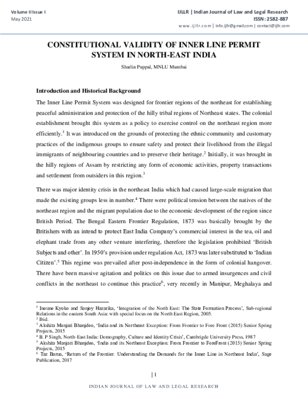 (PDF) Constitutional Validity Of Inner Line Permit System In North-East ...