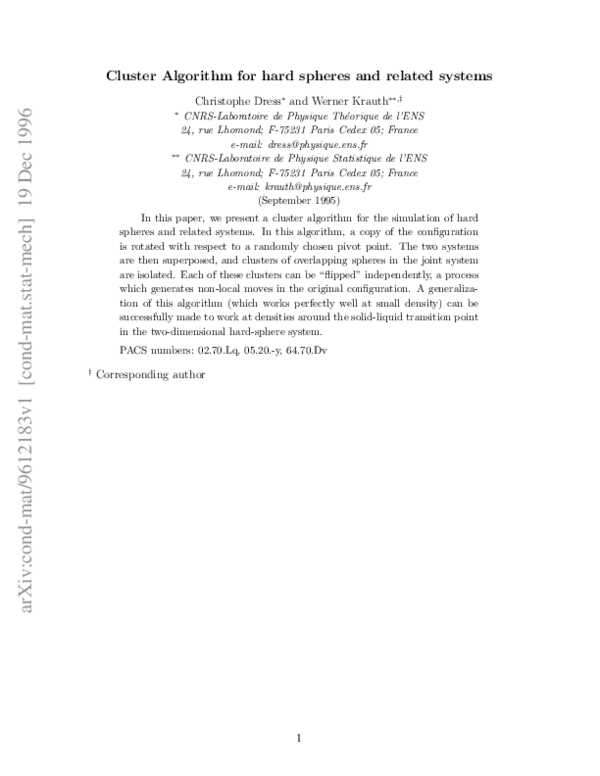 (PDF) Cluster Algorithm for hard spheres and related systems