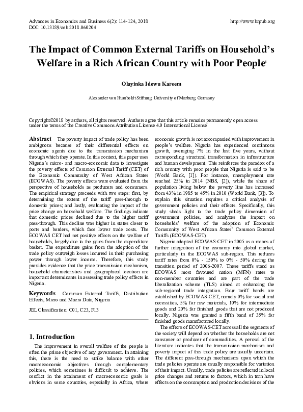 (PDF) The Impact of Common External Tariffs on Household's Welfare in a ...