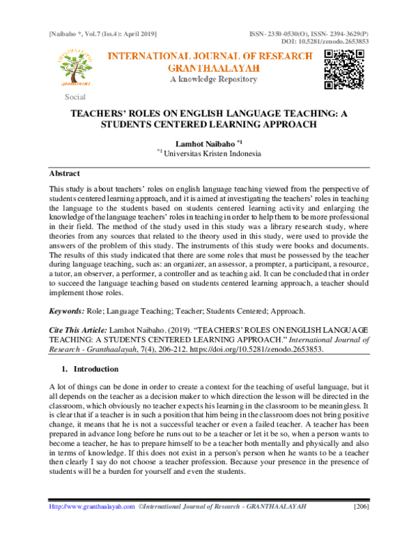(PDF) Teachers' Roles on English Language Teaching: A Students Centered Learning Approach