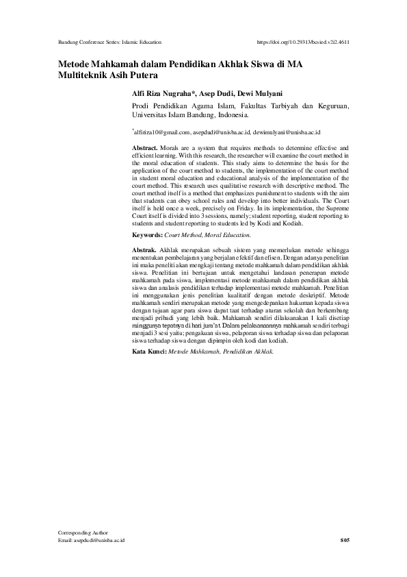 (PDF) Metode Mahamah dalam Pendidikan Akhlak Siswa di MA Multiteknik ...