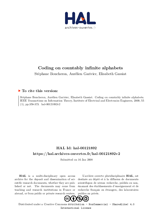 (PDF) Coding on Countably Infinite Alphabets