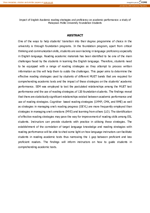 (PDF) Impact of English academic reading strategies and proficiency on ...