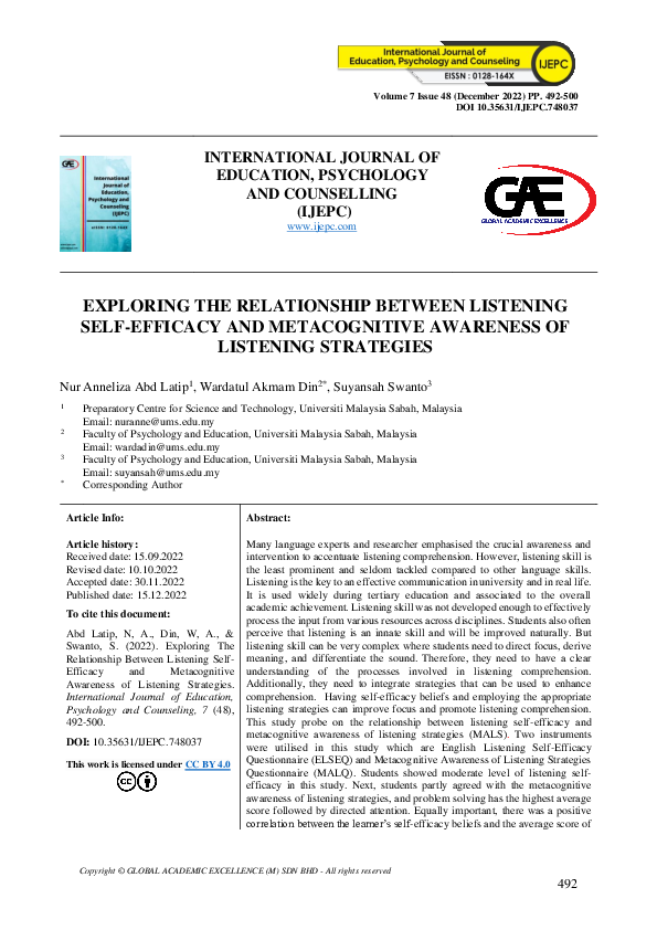 Pdf Exploring The Relationship Between Listening Self Efficacy And Metacognitive Awareness Of