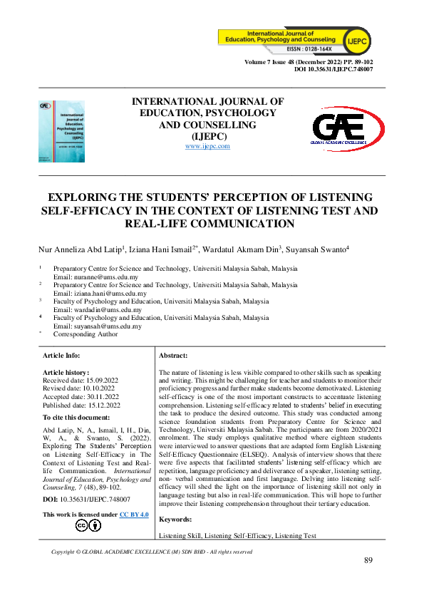 (PDF) Exploring the Students’ Perception of Listening Self-Efficacy in ...