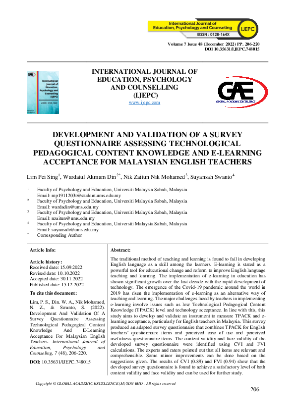 (PDF) Development and Validation of a Survey Questionnaire Assessing Technological Pedagogical ...