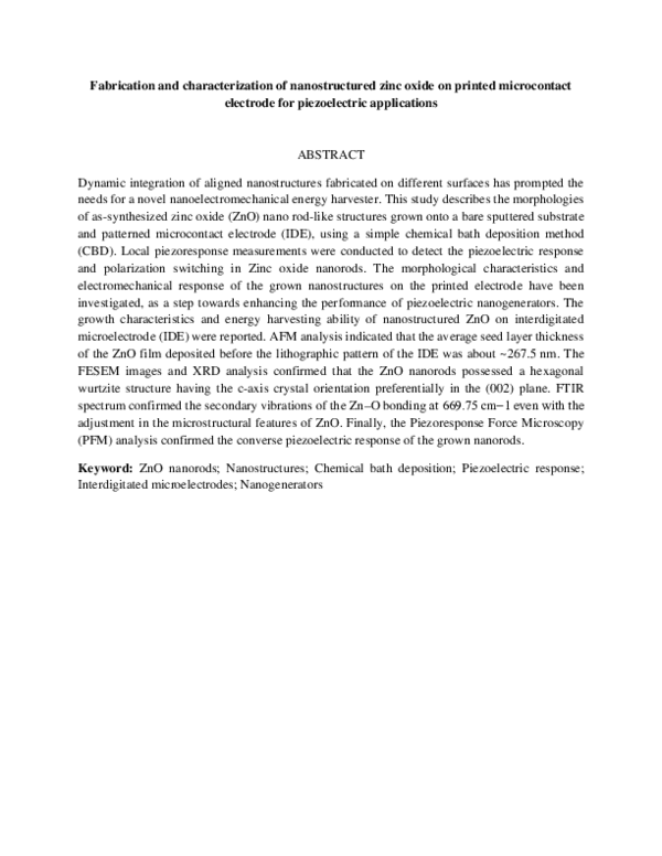 (PDF) Fabrication and characterization of nanostructured zinc oxide on ...