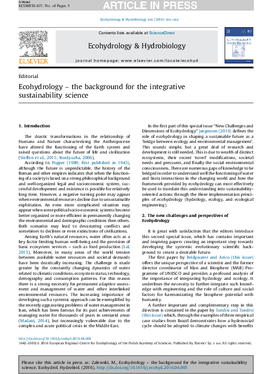 (PDF) Ecohydrology – the background for the integrative sustainability science