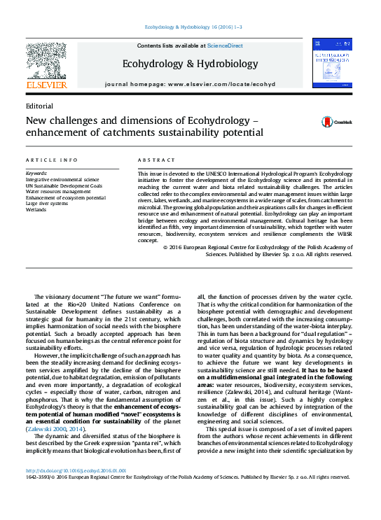 (PDF) New challenges and dimensions of Ecohydrology – enhancement of catchments sustainability ...