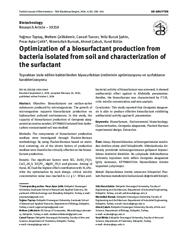 (PDF) Optimization of a biosurfactant production from bacteria isolated from soil and ...