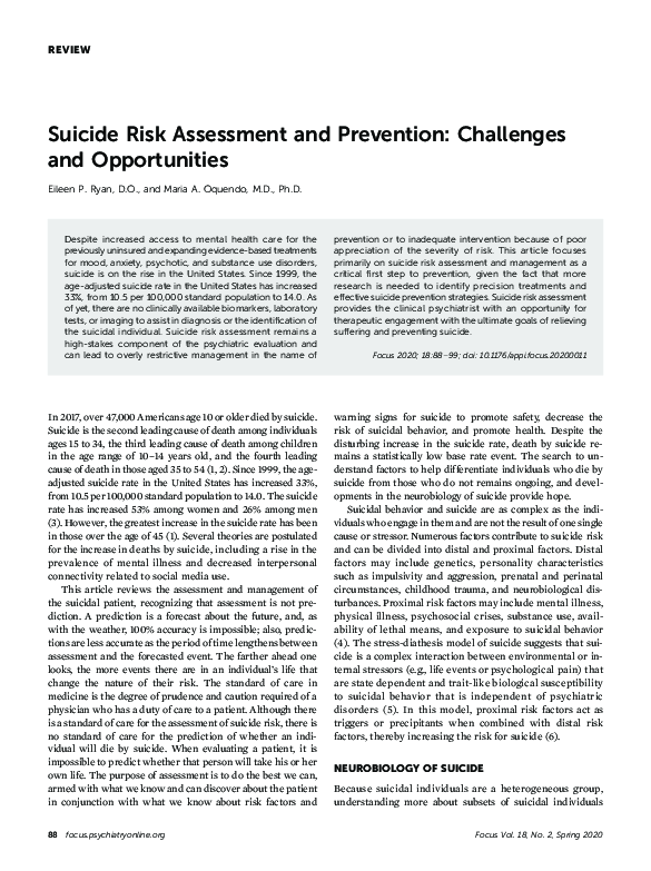(PDF) Suicide Risk Assessment and Prevention: Challenges and ...