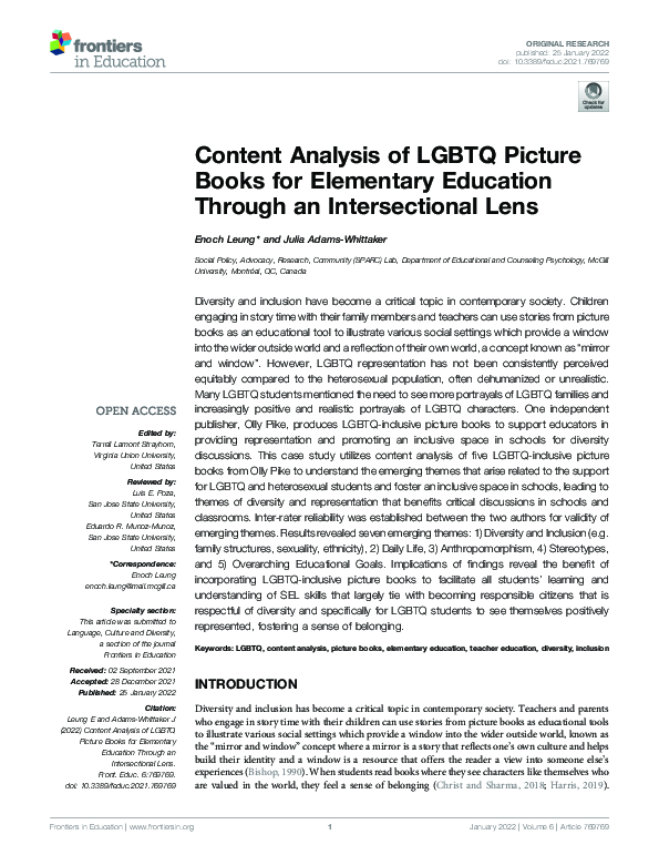 (PDF) Content Analysis of LGBTQ Picture Books for Elementary Education ...