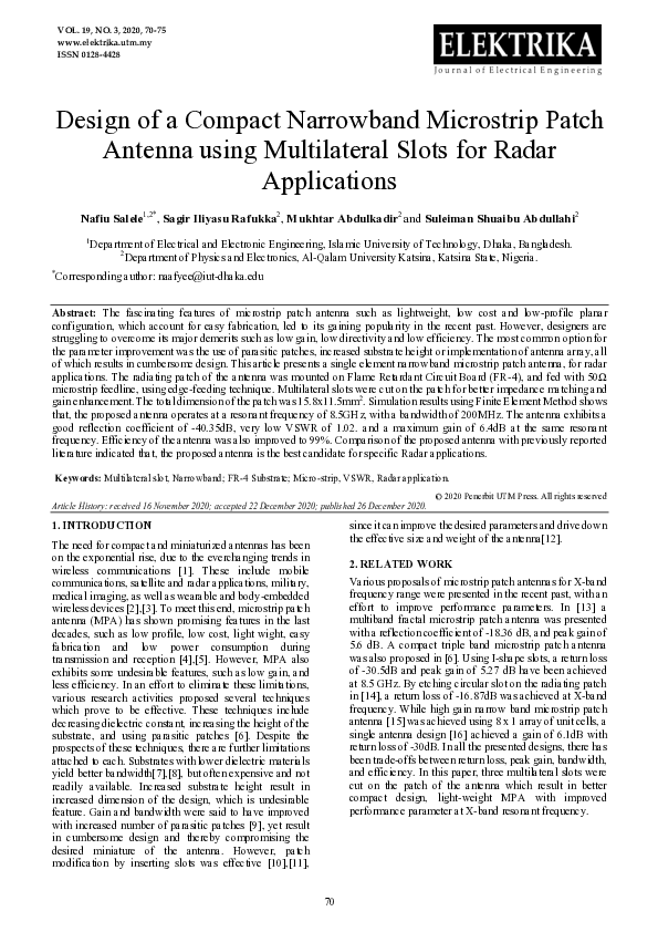 (PDF) Design of a Compact Narrowband Microstrip Patch Antenna using Multilateral Slots for Radar ...
