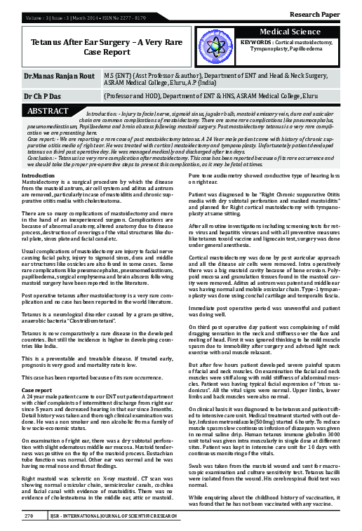 (PDF) Tetanus After Ear Surgery – A Very Rare Case Report