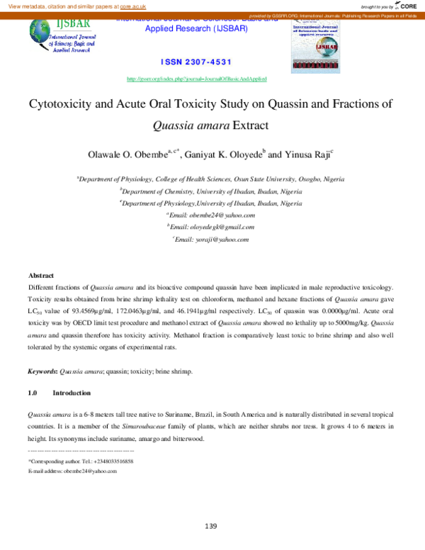 (PDF) Cytotoxicity and Acute Oral Toxicity Study on Quassin and ...