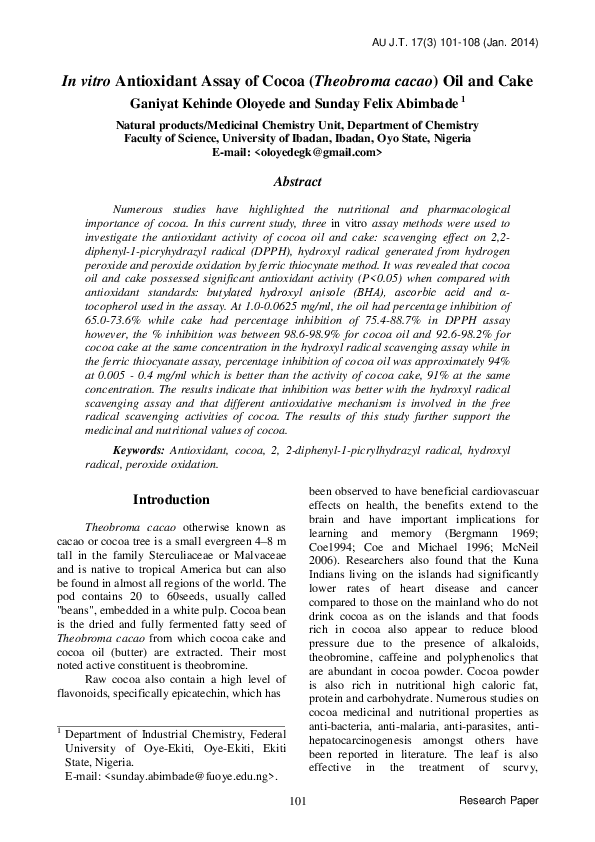 (PDF) In vitro Antioxidant Assay of Cocoa (Theobroma cacao) Oil and Cake