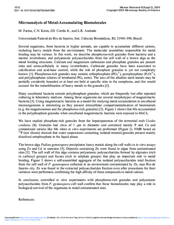 (PDF) Microanalysis of Metal-Accumulating Biomolecules