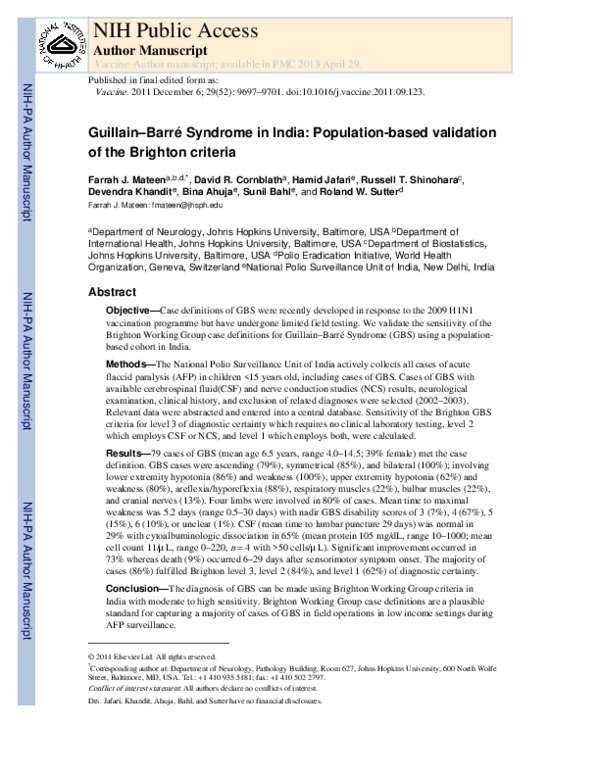 (PDF) Guillain–Barré Syndrome in India: Population-based validation of ...