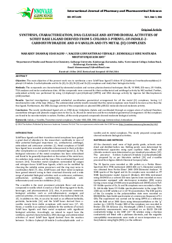 (PDF) SYNTHESIS, CHARACTERIZATION, DNA CLEAVAGE AND ANTIMICROBIAL ACTIVITIES OF SCHIFF BASE ...