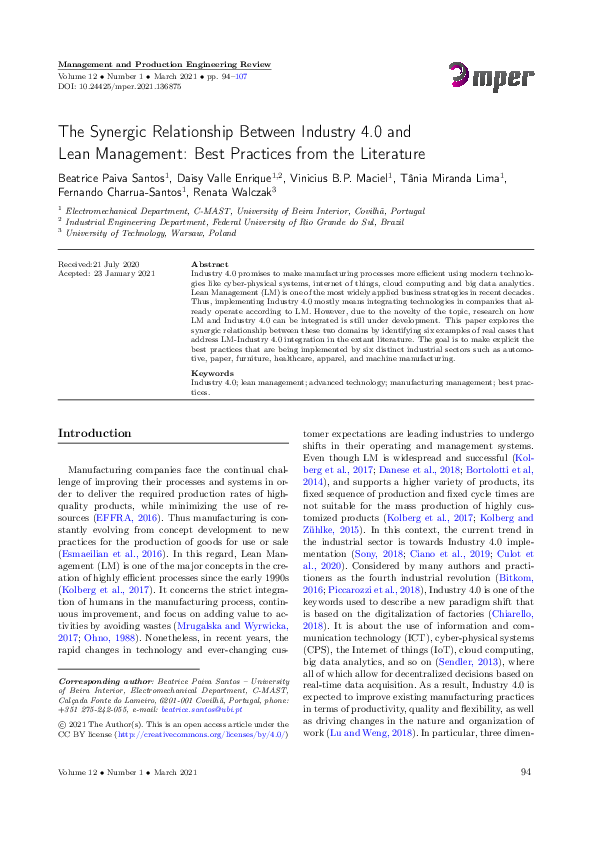 (PDF) The Synergic Relationship Between Industry 4.0 and Lean Management: Best Practices from ...