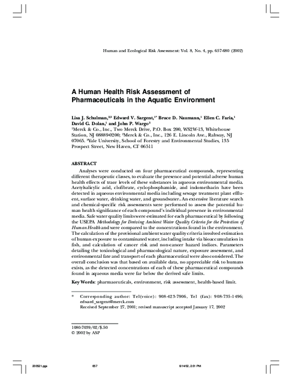 (PDF) A Human Health Risk Assessment of Pharmaceuticals in the Aquatic ...