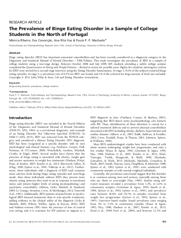 (PDF) The Prevalence of Binge Eating Disorder in a Sample of College ...