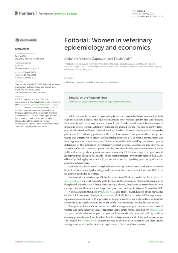 (PDF) Editorial: Women in veterinary epidemiology and economics
