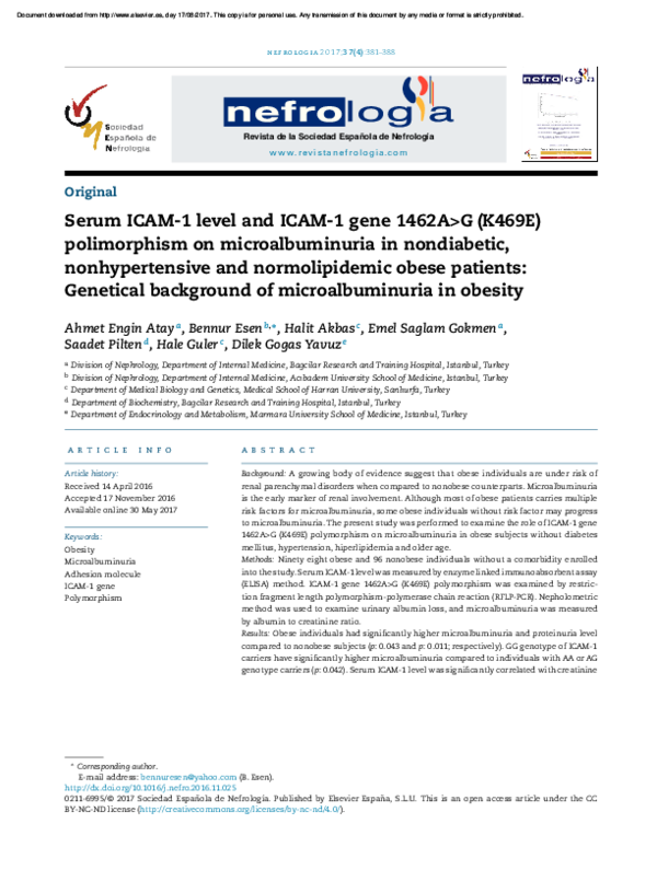 (PDF) Serum ICAM-1 level and ICAM-1 gene 1462A>G (K469E) polimorphism ...