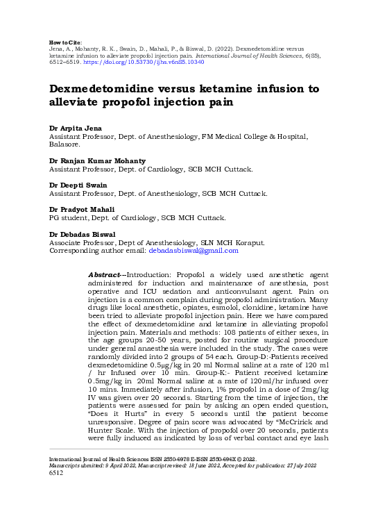 (PDF) Dexmedetomidine versus ketamine infusion to alleviate propofol ...