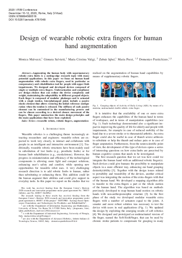 (PDF) Design of wearable robotic extra fingers for human hand augmentation