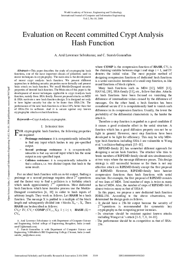 (PDF) Evaluation On Recent Committed Crypt Analysis Hash Function