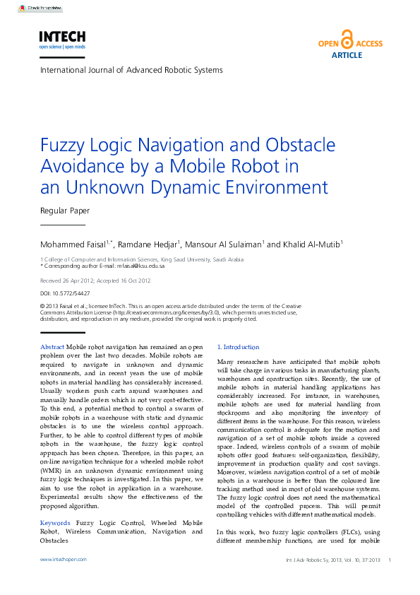 Pdf Fuzzy Logic Navigation And Obstacle Avoidance By A Mobile Robot In An Unknown Dynamic