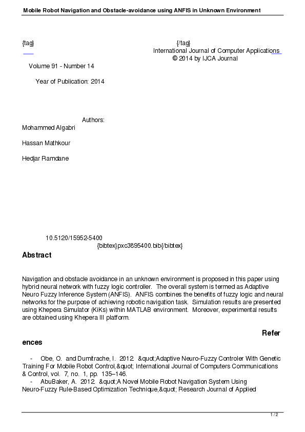 Pdf Mobile Robot Navigation And Obstacle Avoidance Using Anfis In Unknown Environment 