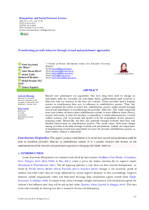 (PDF) Transforming juvenile behavior through reward and punishment approaches