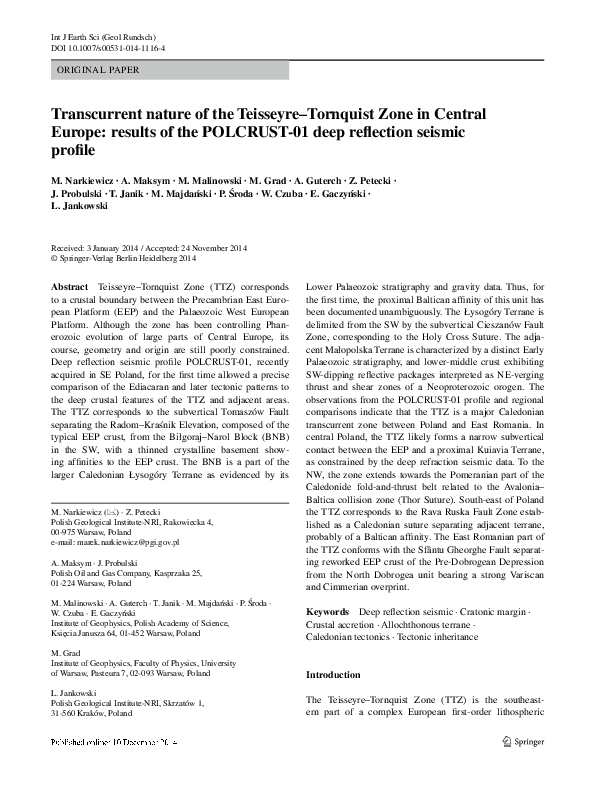 (PDF) Transcurrent nature of the Teisseyre–Tornquist Zone in Central ...