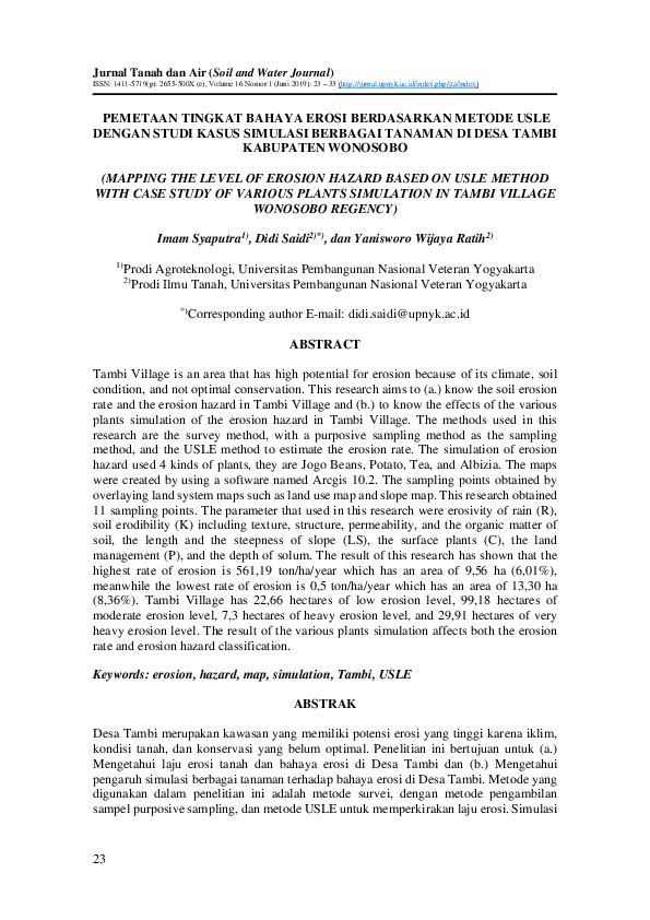 (PDF) Pemetaan Tingkat Bahaya Erosi Berdasarkan Metode Usle Dengan ...