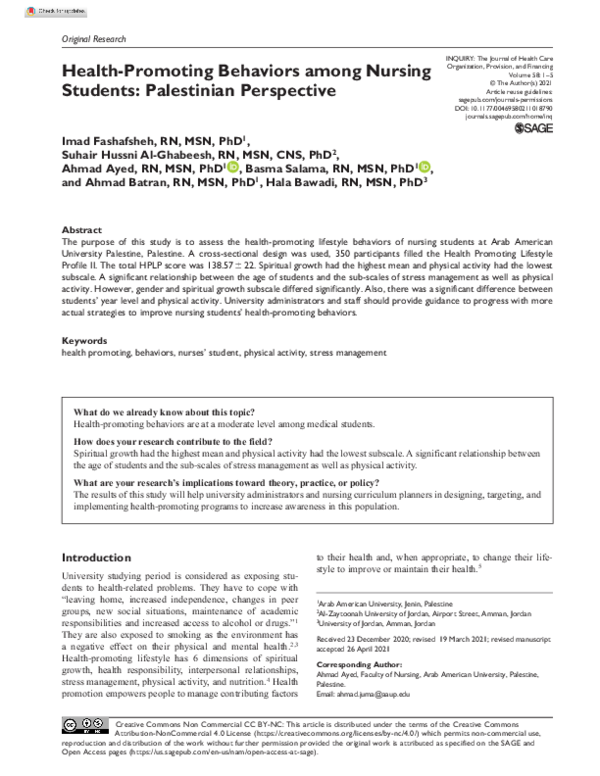 (PDF) Health-Promoting Behaviors among Nursing Students: Palestinian ...