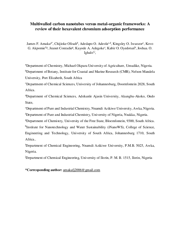(PDF) Multiwalled carbon nanotubes versus metal-organic frameworks: a review of their hexavalent ...