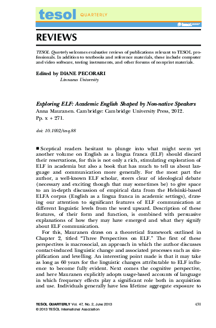 (PDF) Exploring ELF: Academic English Shaped by Non‐native Speakers ...