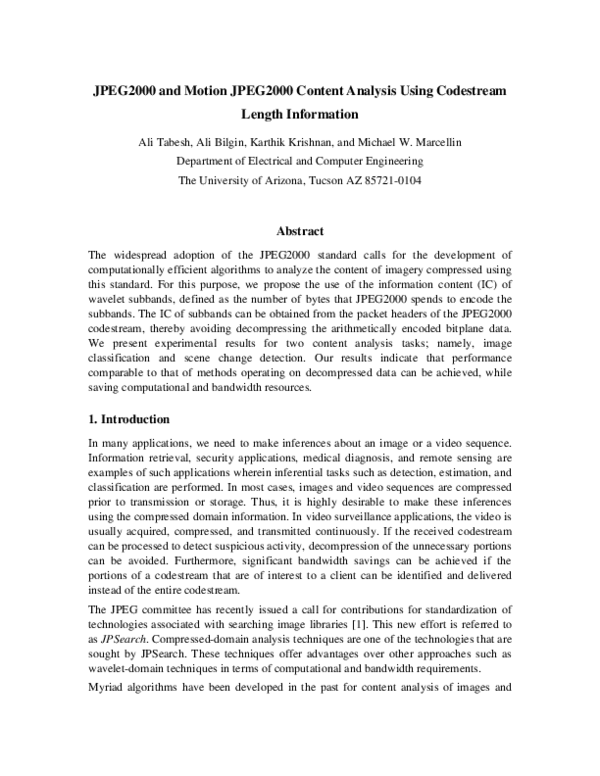 (PDF) JPEG2000 and Motion JPEG2000 Content Analysis Using Codestream Length Information